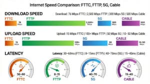 Broadband speed comparison infographic illustrating FTTC, FTTP, 5G ...